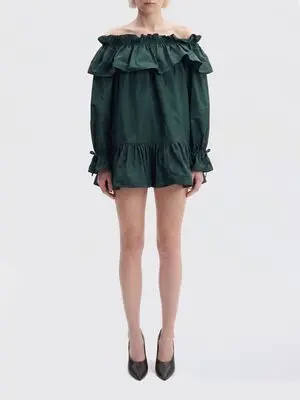 Saint Laurent A-line Mini Dress In Embroidered Cotton Poplin With Ruffles - Green