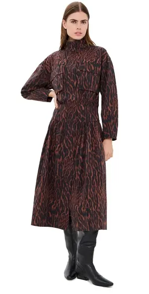 GANNI Printed Stretch Cotton Long Utility Dress - Rawhide