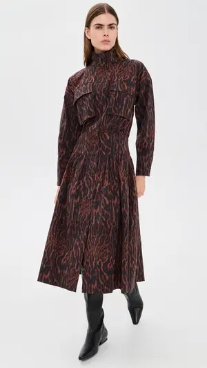 GANNI Printed Stretch Cotton Long Utility Dress - Rawhide