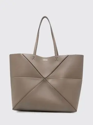 Loewe Large Puzzle Fold Calfskin Leather Tote Bag With Laminated Logo - Gray