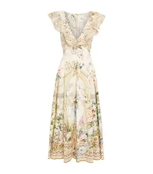 Camilla Stretch-cotton Midsummer Masterpiece Frill Neck Midi Dress - Neutral