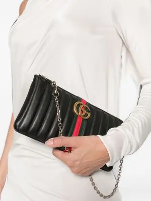 Gucci Gg Marmont Quilted Lambskin Leather Shoulder Bag With Web Stripe - Black