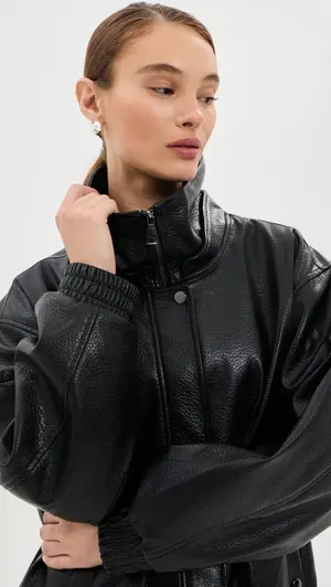 LE BOP Pebble Faux Leather Bomber - Black