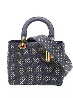 Dior 2000-2026 Medium Denim Cannage Studded Supple Lady Satchel - Blue