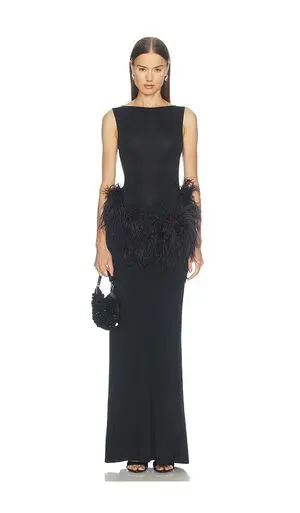 Lapointe Jersey Long Sleeve Shirred Hip Gown With Feathers