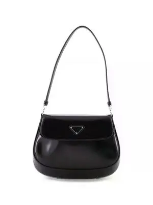 Prada Cleo Flap Shoulder Bag Spazzolato Leather Small Hobo Bag - Black