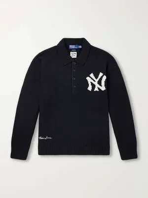 Polo Ralph Lauren Mlb Logo-intarsia Wool And Cashmere-blend Polo Shirt - Black