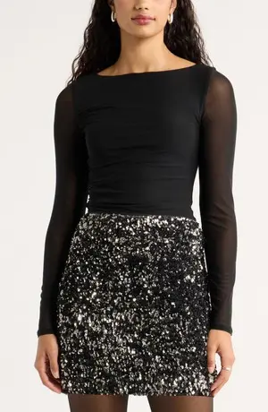 OPEN EDIT Ruched Long Sleeve Mesh Top - Black