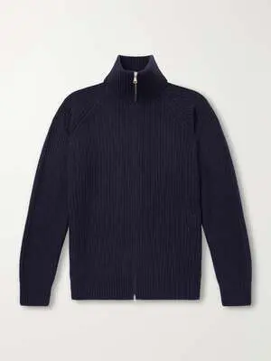 GHIAIA Barracuda Ribbed-knit Cashmere Zip-up Sweater - Navy
