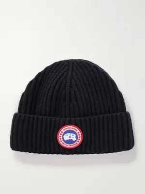 Canada Goose Logo-appliquéd Ribbed Wool And Cashmere-blend Beanie - Black