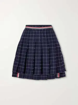 Thom Browne Frayed Pleated Checked Mini Skirt - Navy