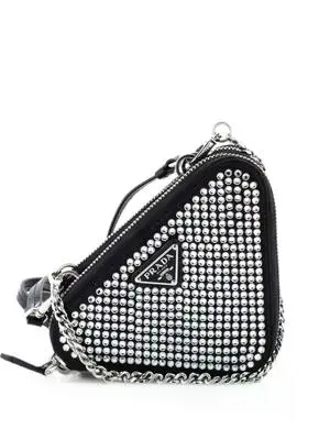 Prada Triangle Double Pouch Crystal Embellished Satin Mini Crossbody Bag - Black