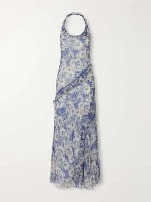 SIR. Lilia Open-back Ruffled Floral-print Crepon Halterneck Maxi Dress - Blue