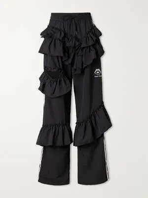Simone Rocha Adidas Originals Logo-embroidered Cutout Ruffled Twill Wide-leg Track Pants - Black