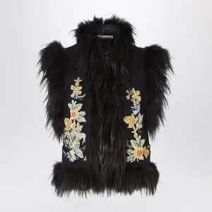 Fendi Wool Waistcoat With Embroidery And Fox Fur Trim - Black