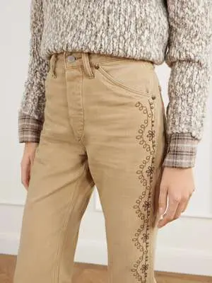 Ralph Lauren Floral-embroidered Cotton Flared Pants - Tan