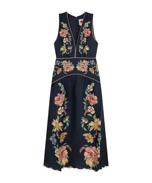 Farm Rio Floral Embroidered Midi Dress - Black