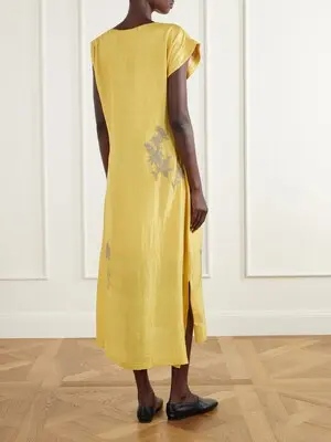 KARTIK RESEARCH Embroidered Pleated Crinkled Silk-dupioni Midi Dress