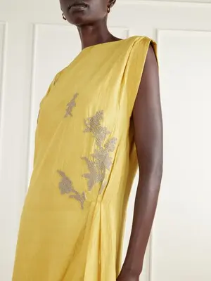KARTIK RESEARCH Embroidered Pleated Crinkled Silk-dupioni Midi Dress