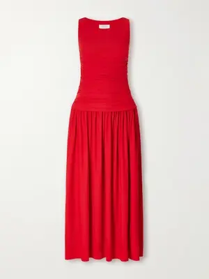 LA LIGNE Ruched Pleated Stretch-jersey Midi Dress - Red