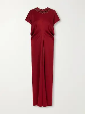 Jenny Packham Novak Crystal-embellished Draped Satin Gown - Red