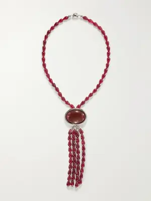 JULIETTA Clio Rhodium-plated Carnelian Beaded Necklace - Red