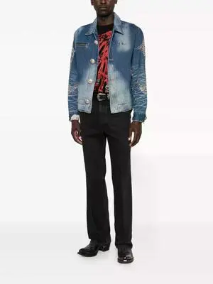 THUG CLUB Studded Faded Denim Jacket - Blue