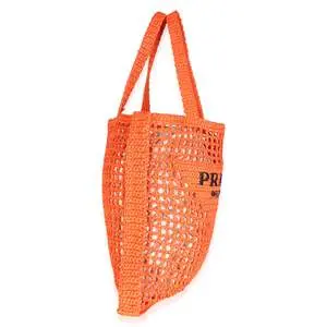 Prada Arancio Yarn Raffia Effect Logo Crochet Tote - Orange
