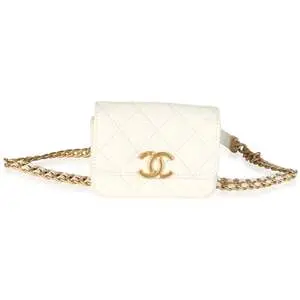 CHANEL White Caviar Quilted Melody Chain Belt Bag