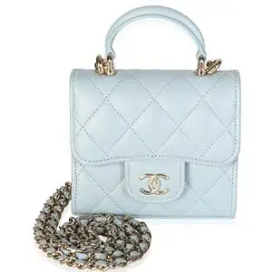 CHANEL Light Blue Quilted Lambskin Mini Top Handle Clutch With Chain