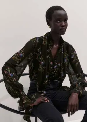 ME+EM Wild Winter Floral Print Blouse With Cami + Tie - Black Multi