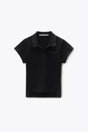 Alexander Wang Allover Crystal Hotfix Shrunken Polo Tee - Sidewalk