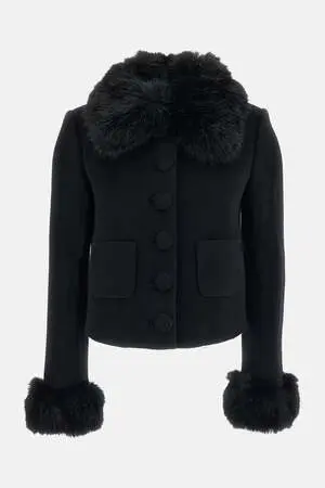 SELF-PORTRAIT Black Wool Fur Cuff Jacket - Multicolor
