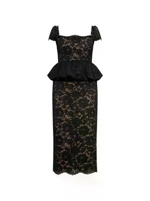 SELF-PORTRAIT Peplum-waist Lace-overlay Midi Dress - Black