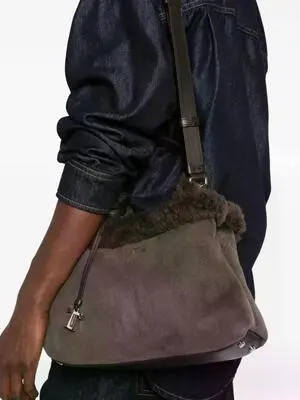 TOD'S Shearling-trim Suede Shoulder Bag