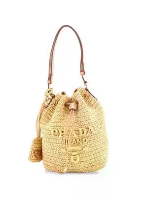 Prada Logo Raffia Mini Bucket Bag - Neutrals