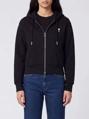 AMI Paris Hooded Zip-up Cotton Sweatshirt With Embroidered Logo - Black