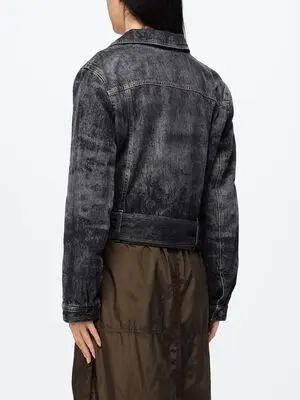 DIESEL® Cropped Abstract Print Biker Jacket In Worn-out Denim With Belt