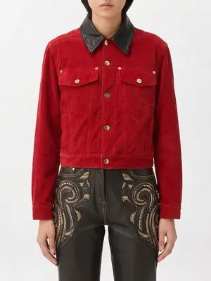Versace Cropped Cotton Velvet Shirt Jacket With Leather Collar - Red