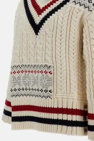 Thom Browne Patchwork Cable Fairisle V Neck Cricket Pullover In Merino Wool