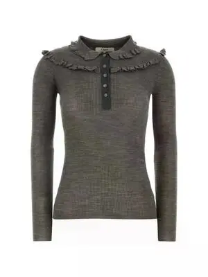 Chloé Henley Ruffled-trim Fine-knit Top