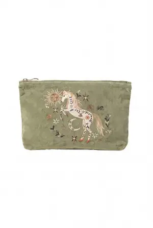 ELIZABETH SCARLETT Mystical Horse Velvet Everyday Pouch - Olive