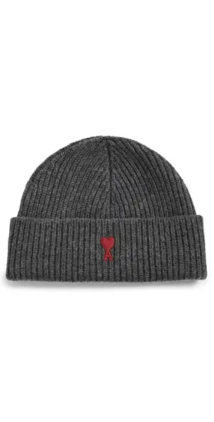 AMI Paris Quota Beanie With Red De Coeur - Gris Chine/rouge