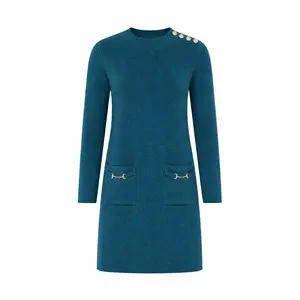 YUMI Teal Knitted Tunic Dress With Gold Hardware Details - Blue