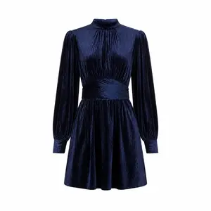 YUMI Navy Ruched Waist Velvet Skater Dress - Blue
