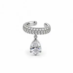 JAGGED HALO JEWELRY Bombshell Pear-shaped Cz Drop Ear Cuff White Gold Plated Stainless Steel - Silver