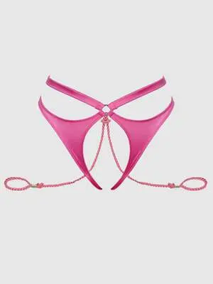 Frederick's Of Hollywood Nadya Liquid Satin & Rope Crotchless & Hand Cuff Hipster - Raspberry Pink