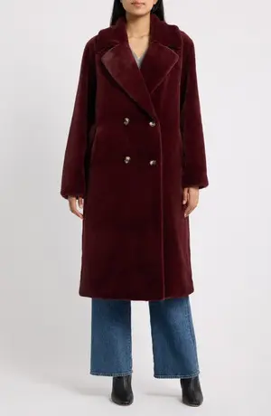 Bernardo Faux Fur Double Breasted Long Coat - Maroon