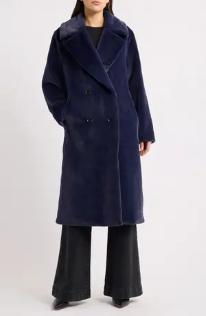 Bernardo Faux Fur Double Breasted Long Coat - Navy
