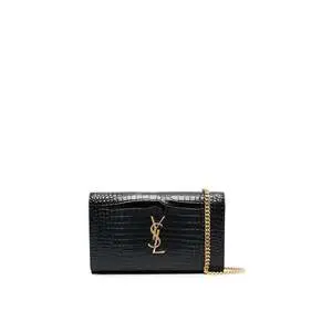 Saint Laurent Cassandre Croc Embossed Leather Chain Wallet - Black